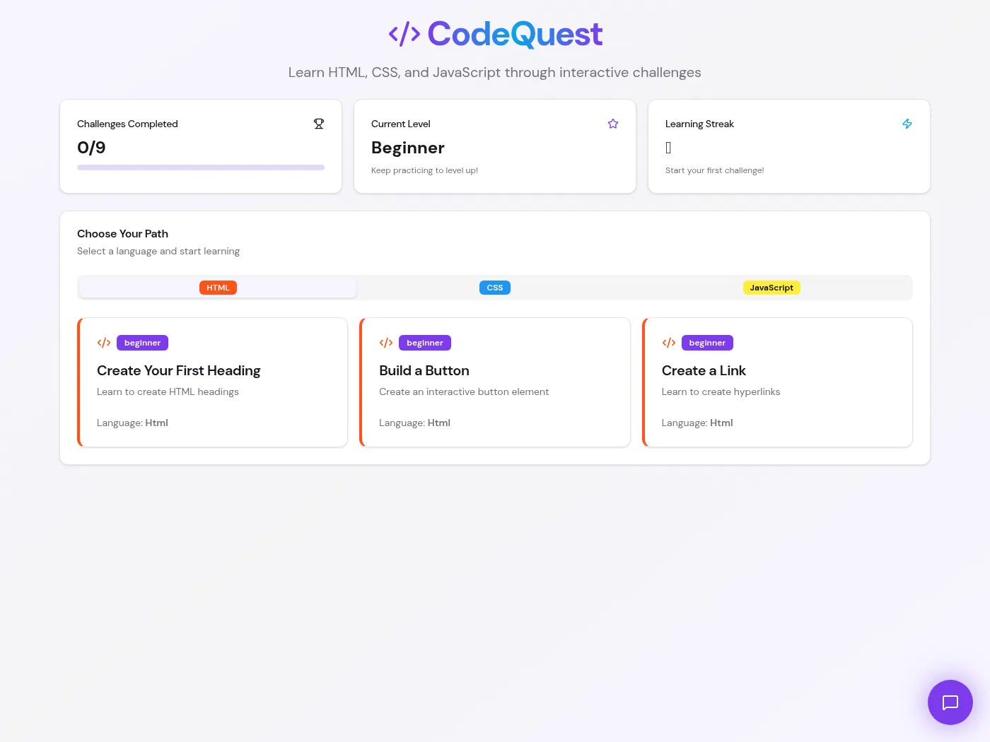 CodeQuest: Learn HTML, CSS, and JavaScript Through Interactive Games