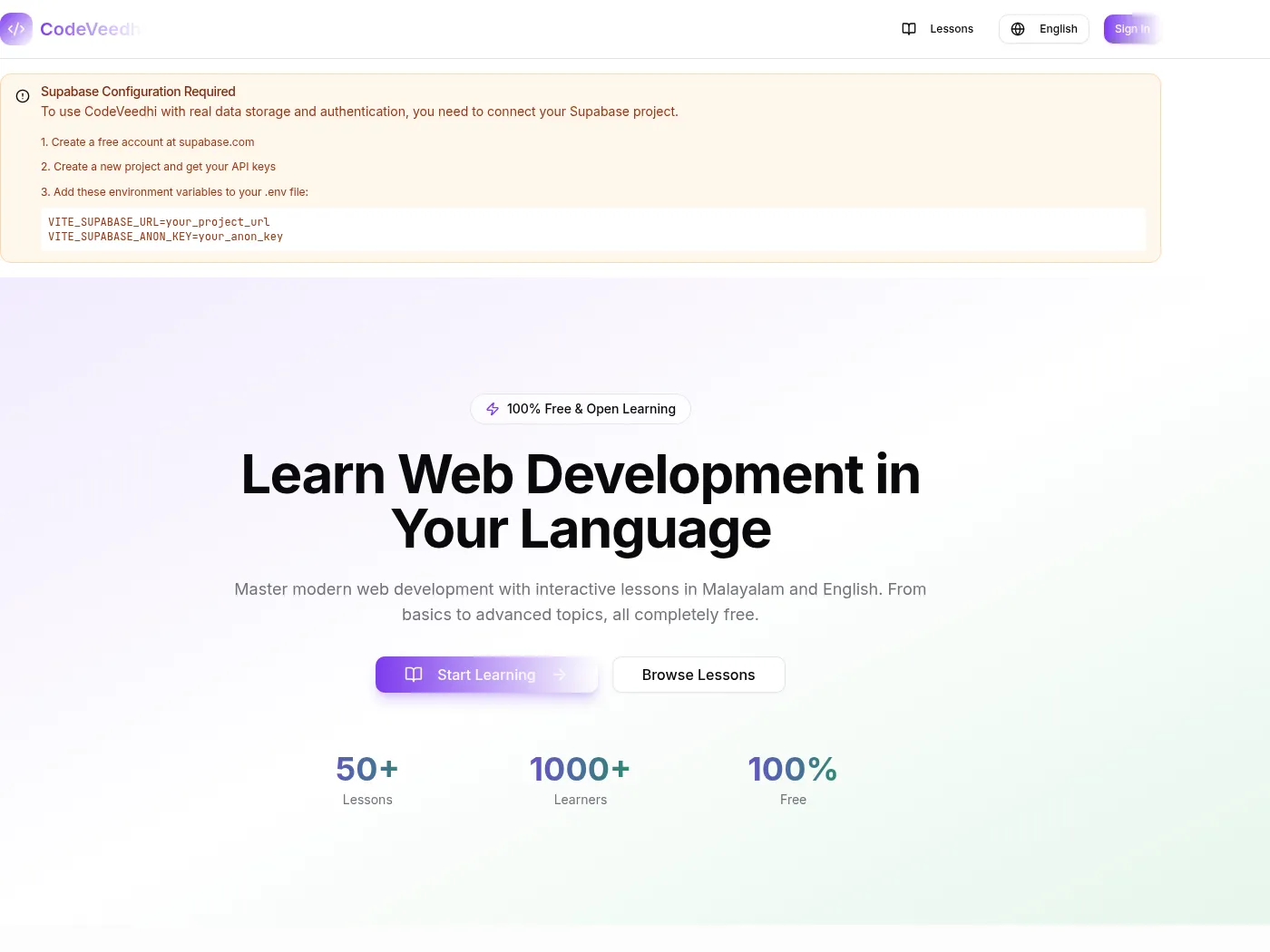 CodeVeedhi – Bilingual Malayalam/English Web Dev Learning Platform (Powered by Supabase, 100% Free Tier Optimized)