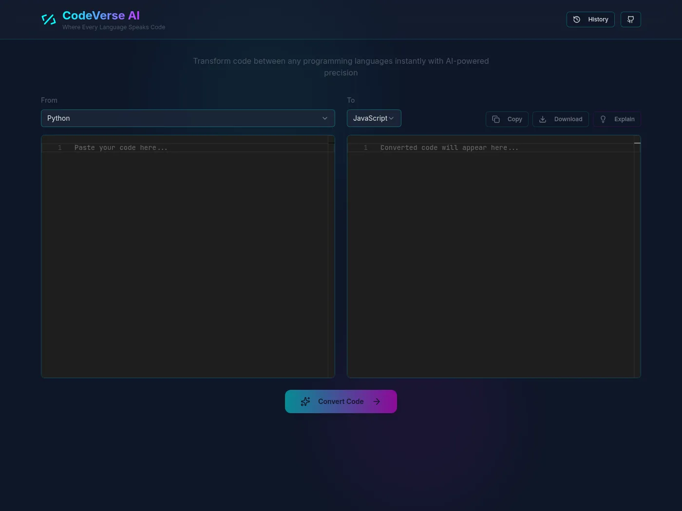 CodeVerse AI – Instant Full-Stack AI Code Converter with Real-Time Language Translation and Dynamic Animated UI