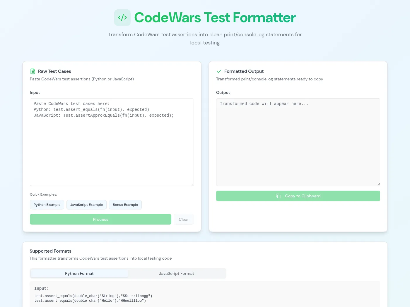 CodeWars Test Case Formatter
