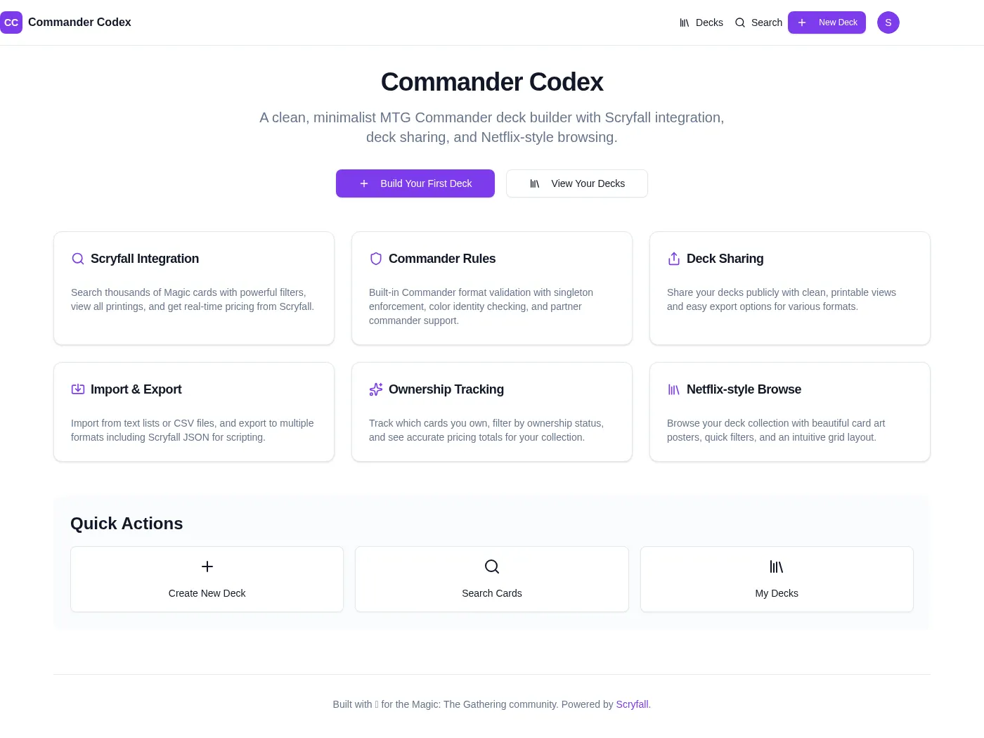 Commander Codex – Minimalist MTG Commander Deck Builder with Scryfall Integration