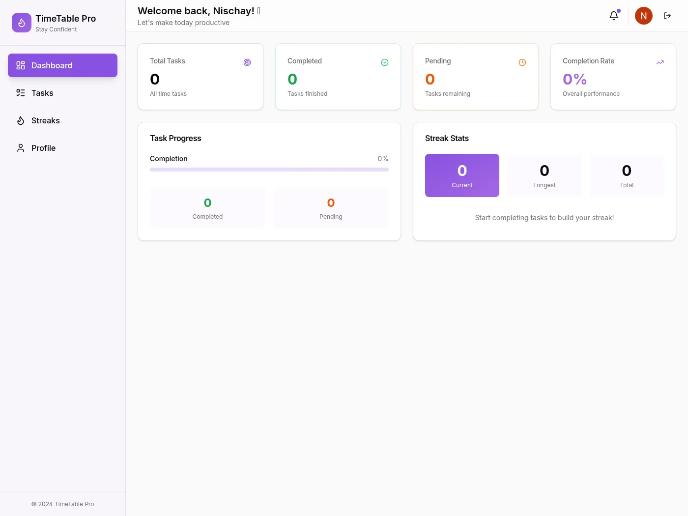 Confident Time Table Planner with Streaks & Dashboard