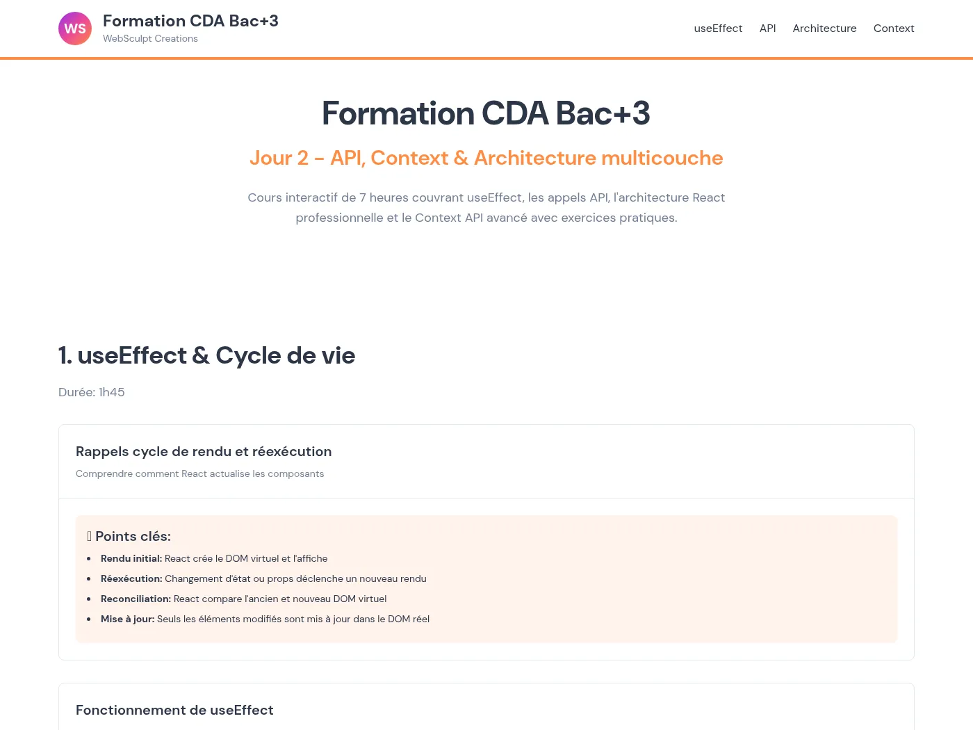 Cours interactif CDA bac+3 : API, useEffect, Architecture multicouche & Context avancé