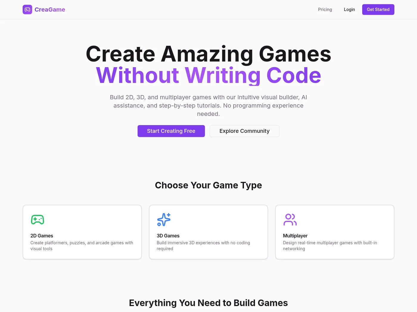 CreaGame: No-Code 2D, 3D, and Multiplayer Game Builder with AI Assistance