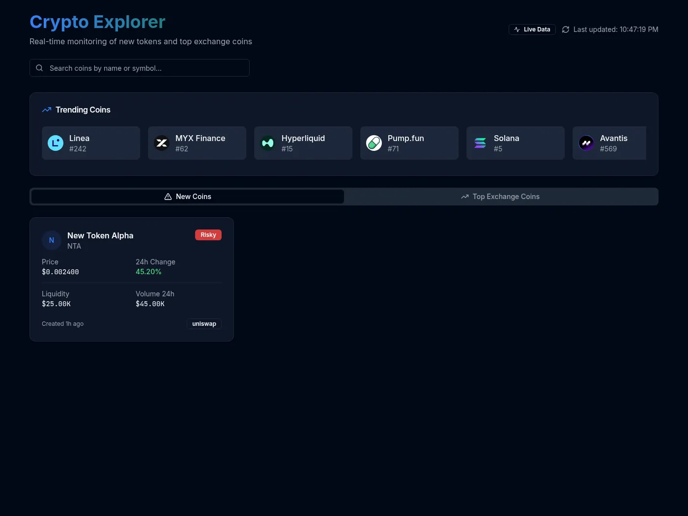 Crypto Explorer: Real-Time Dashboard for New & Top Coins