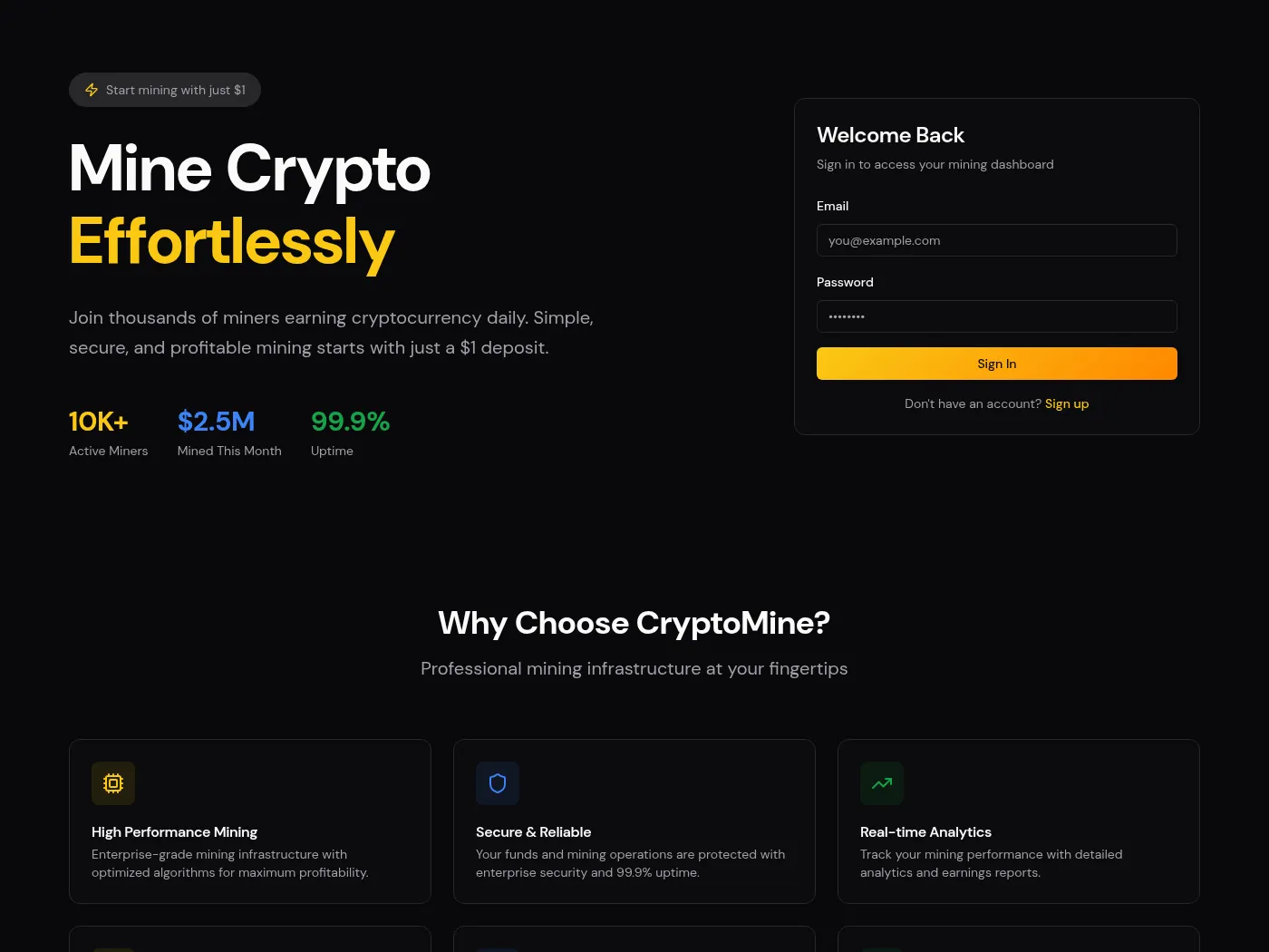 Crypto Mining Web App with $1 Onboarding Fee