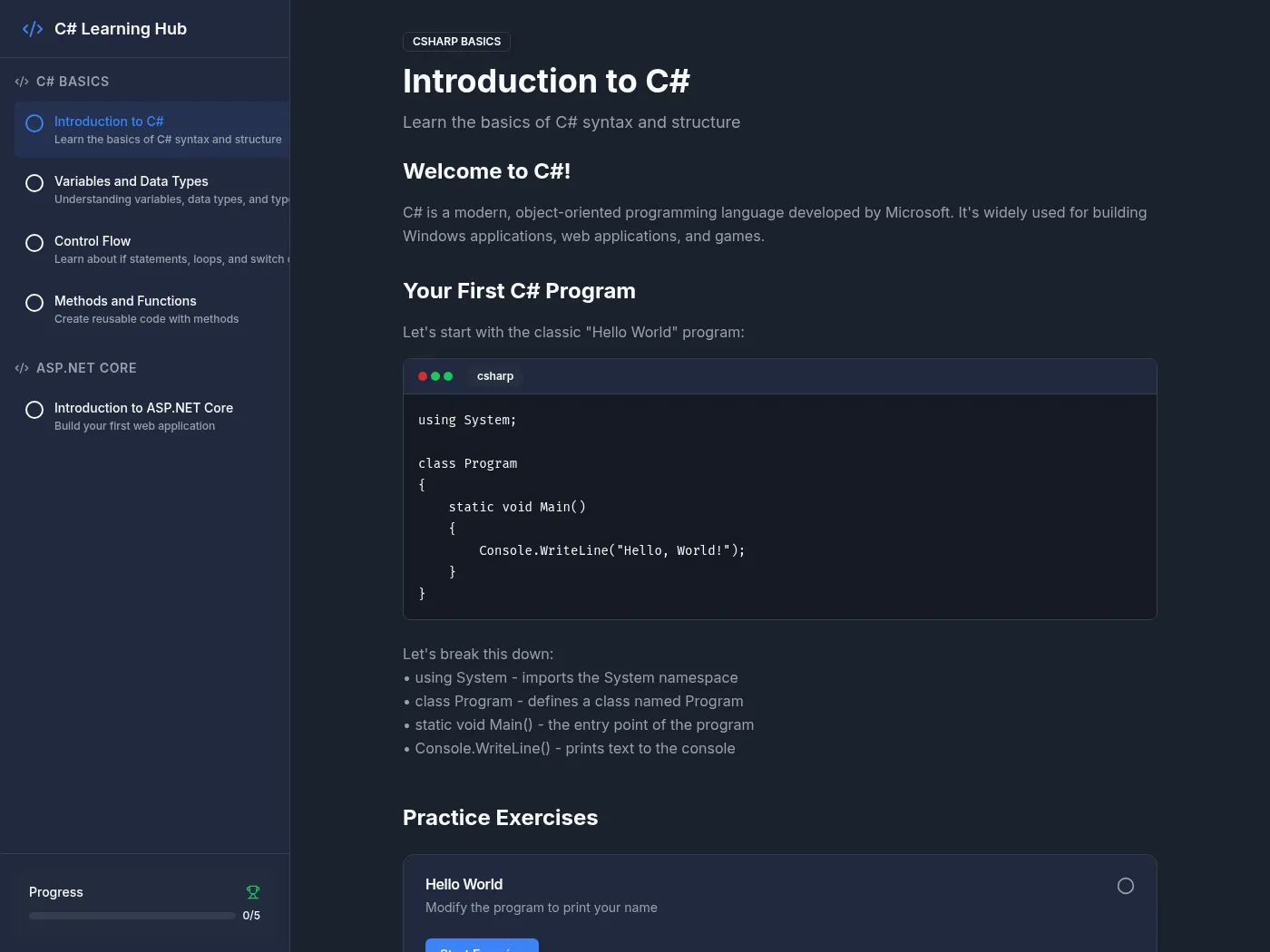 C# & ASP.NET Interactive Learning Tool