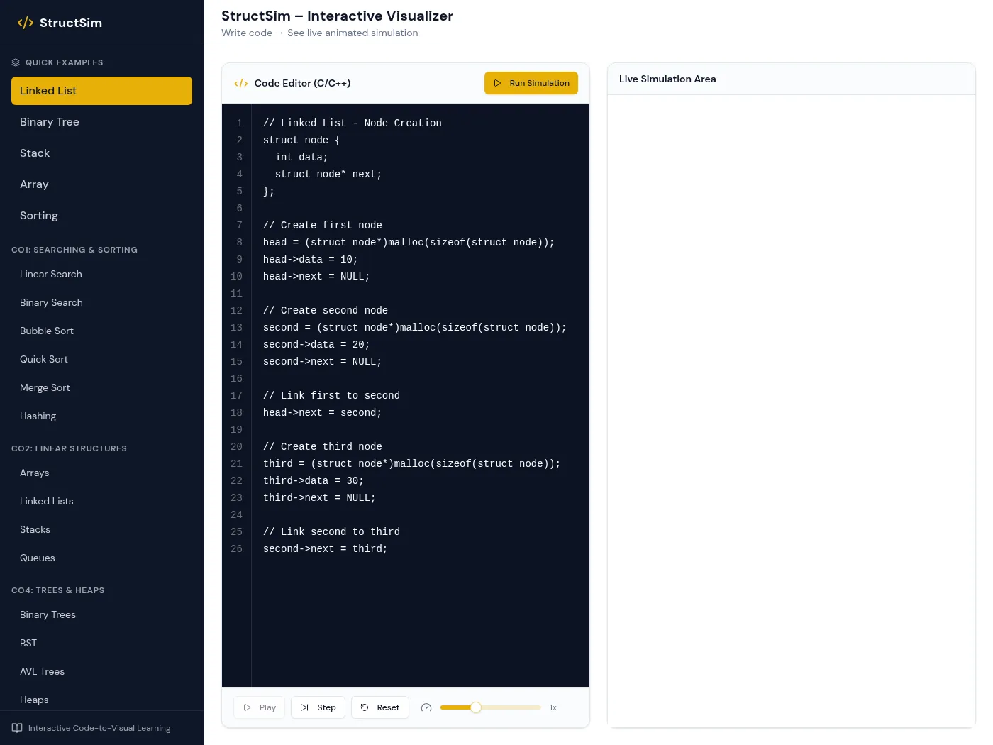 Interactive Data Structures Visualizer and Code Library