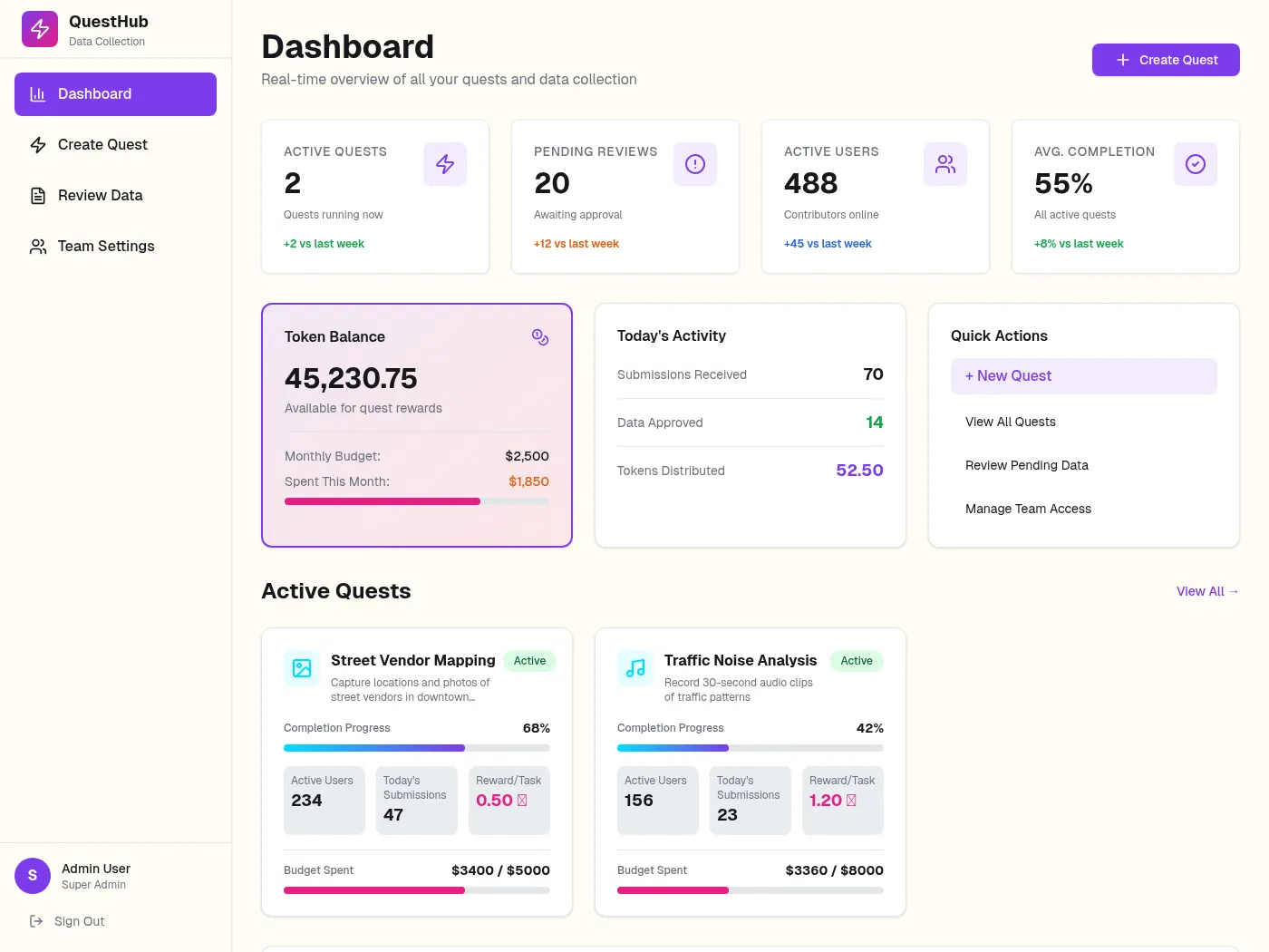 Decentralized Data Collection Admin Dashboard & Quest Builder