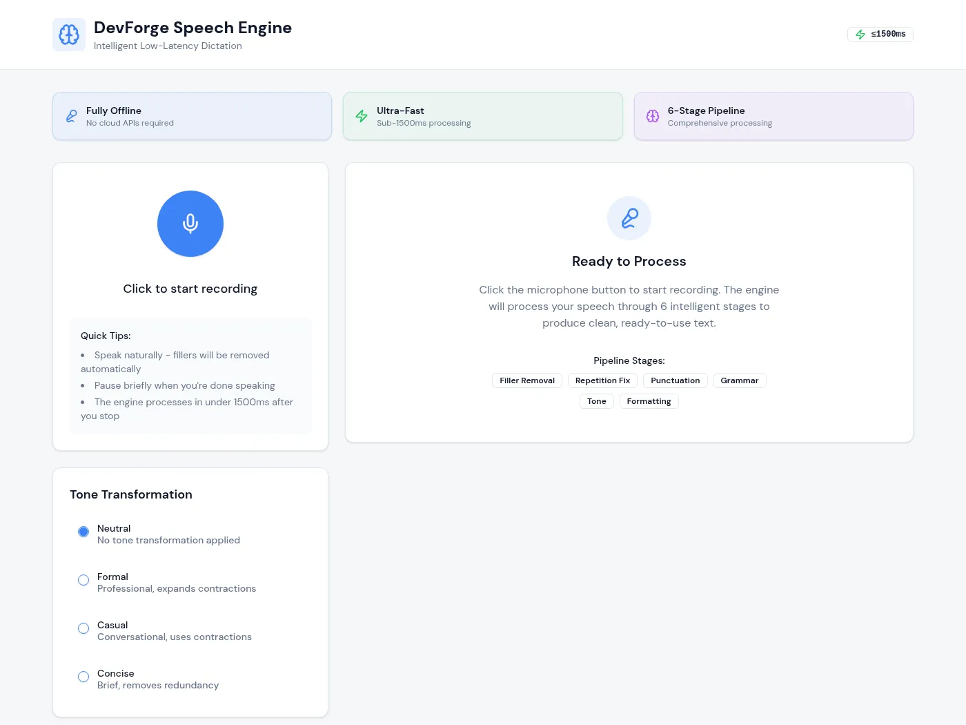 DevForge Intelligent Low-Latency Offline Speech Dictation Engine