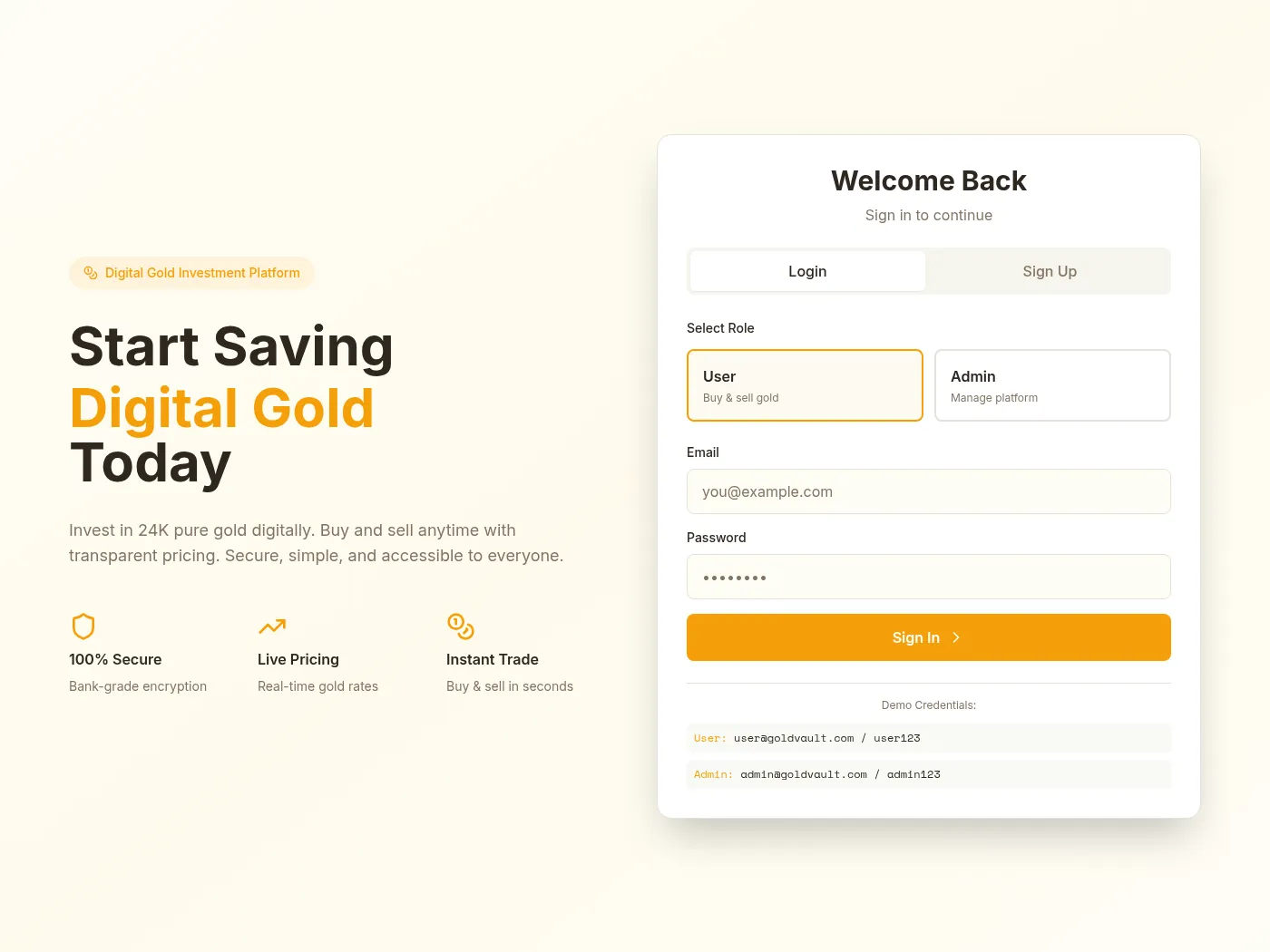 Digital Gold Saving Platform – Simple Single-Page Prototype with React & Node