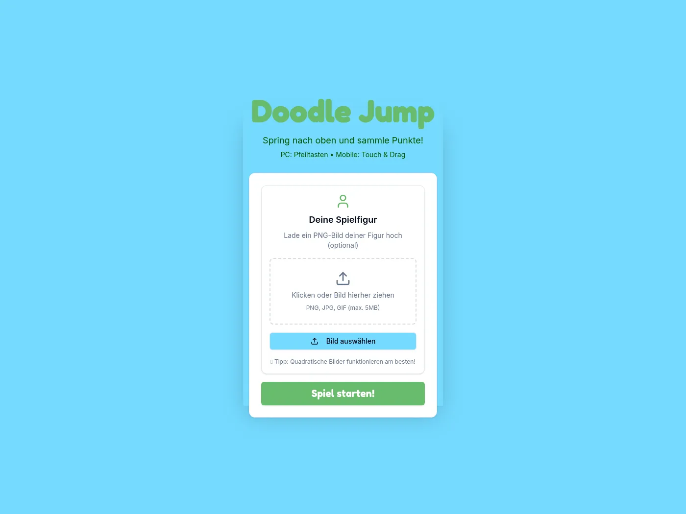 Doodle Jump Clone für Browser mit Eigener Spielfigur