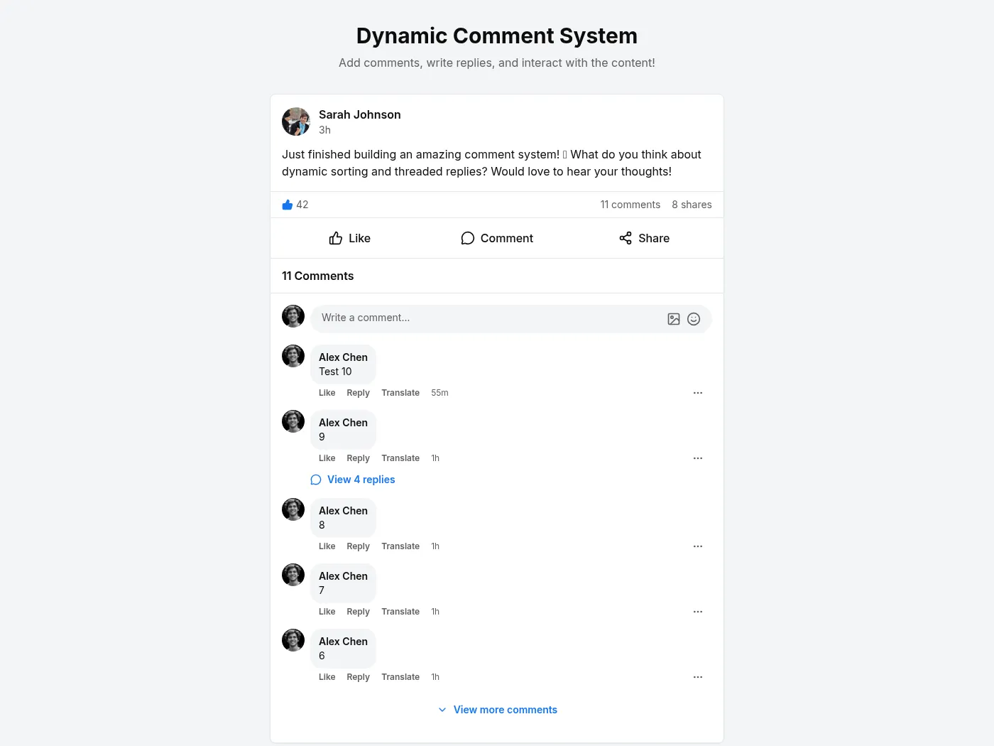 Dynamic Comment System with Flexible Sorting, Replies & Social Interactions