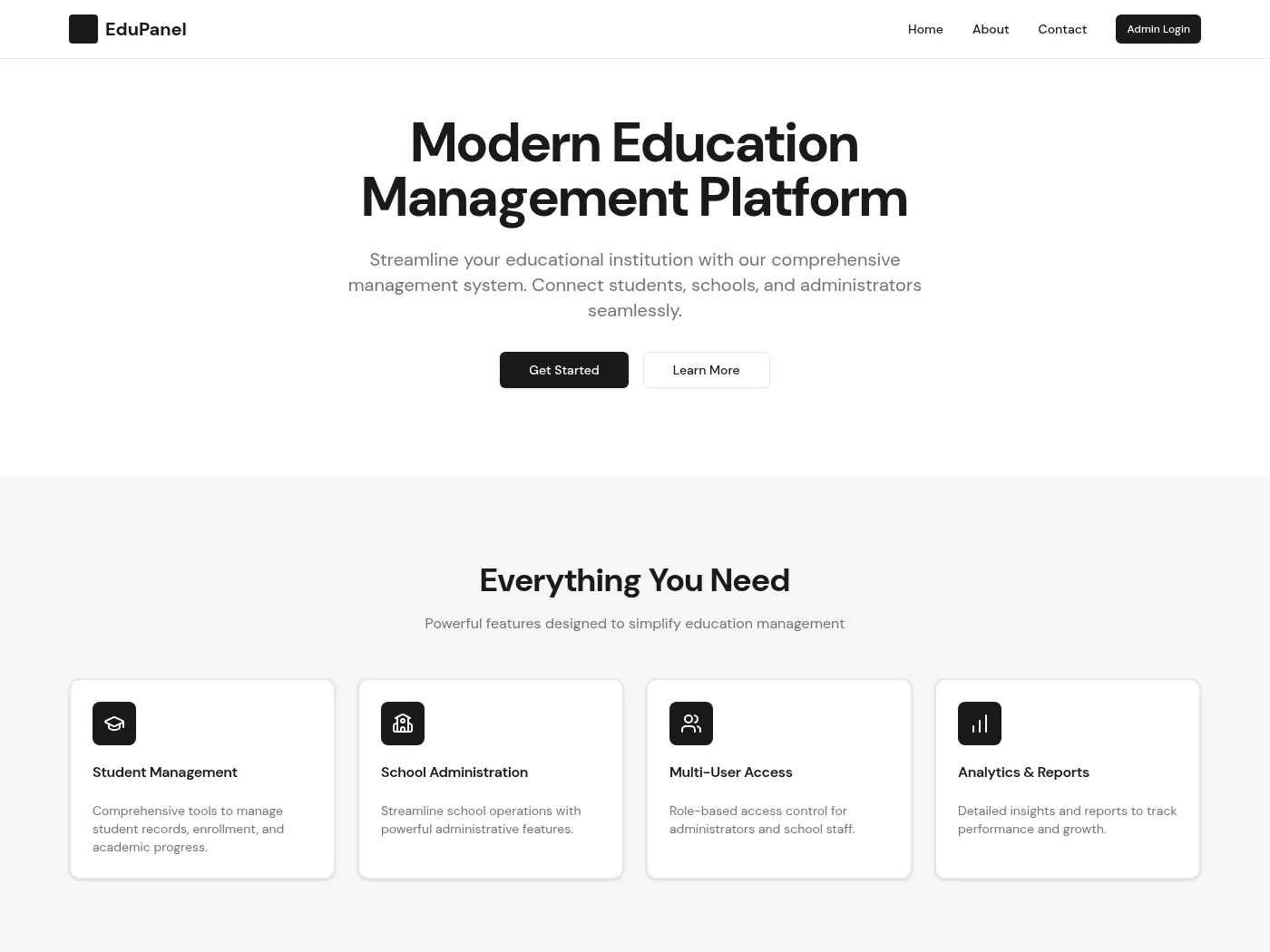 EduPanel - Dual Access School & Admin Website with Responsive Black and White Theme