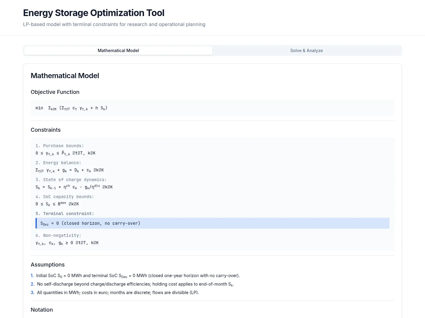 Energy Storage Optimization Model Web Tool