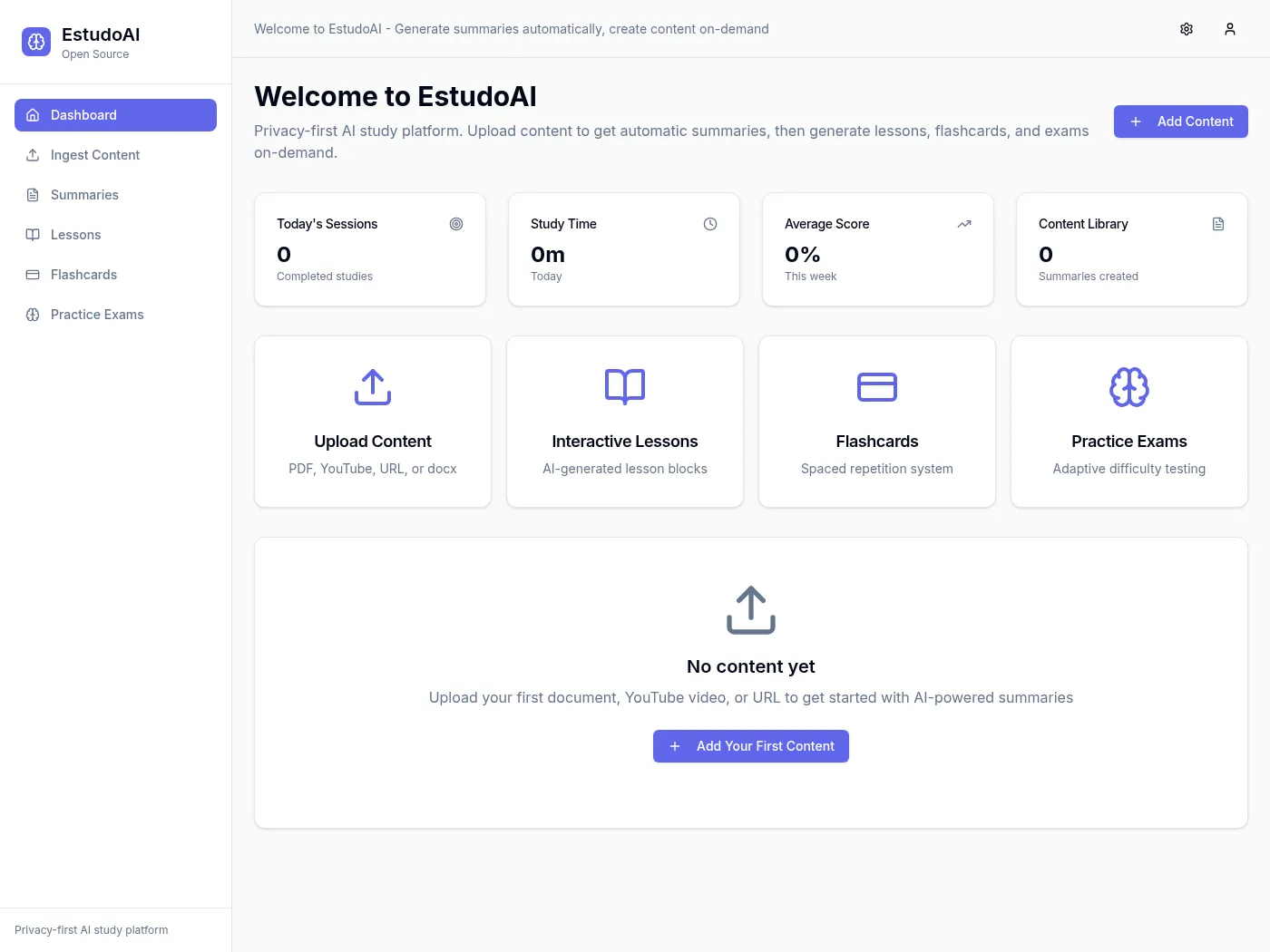 EstudoAI — Webapp Open-Source de Resumos e Aulas On-Demand com IA para PDF, YouTube, URLs