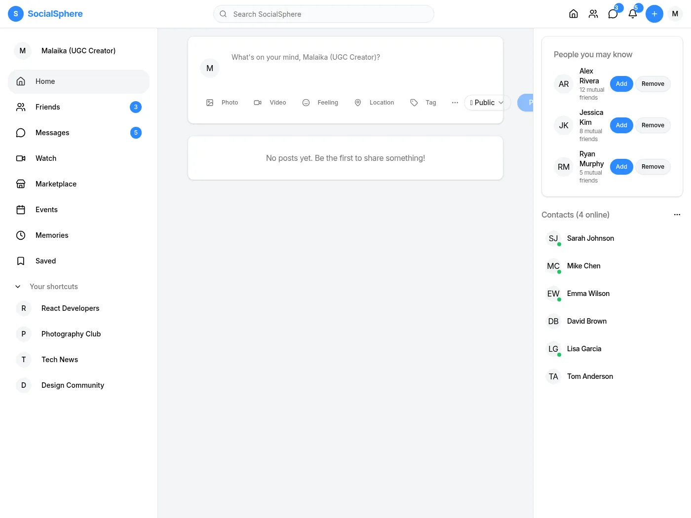 SocialSphere: Facebook Clone