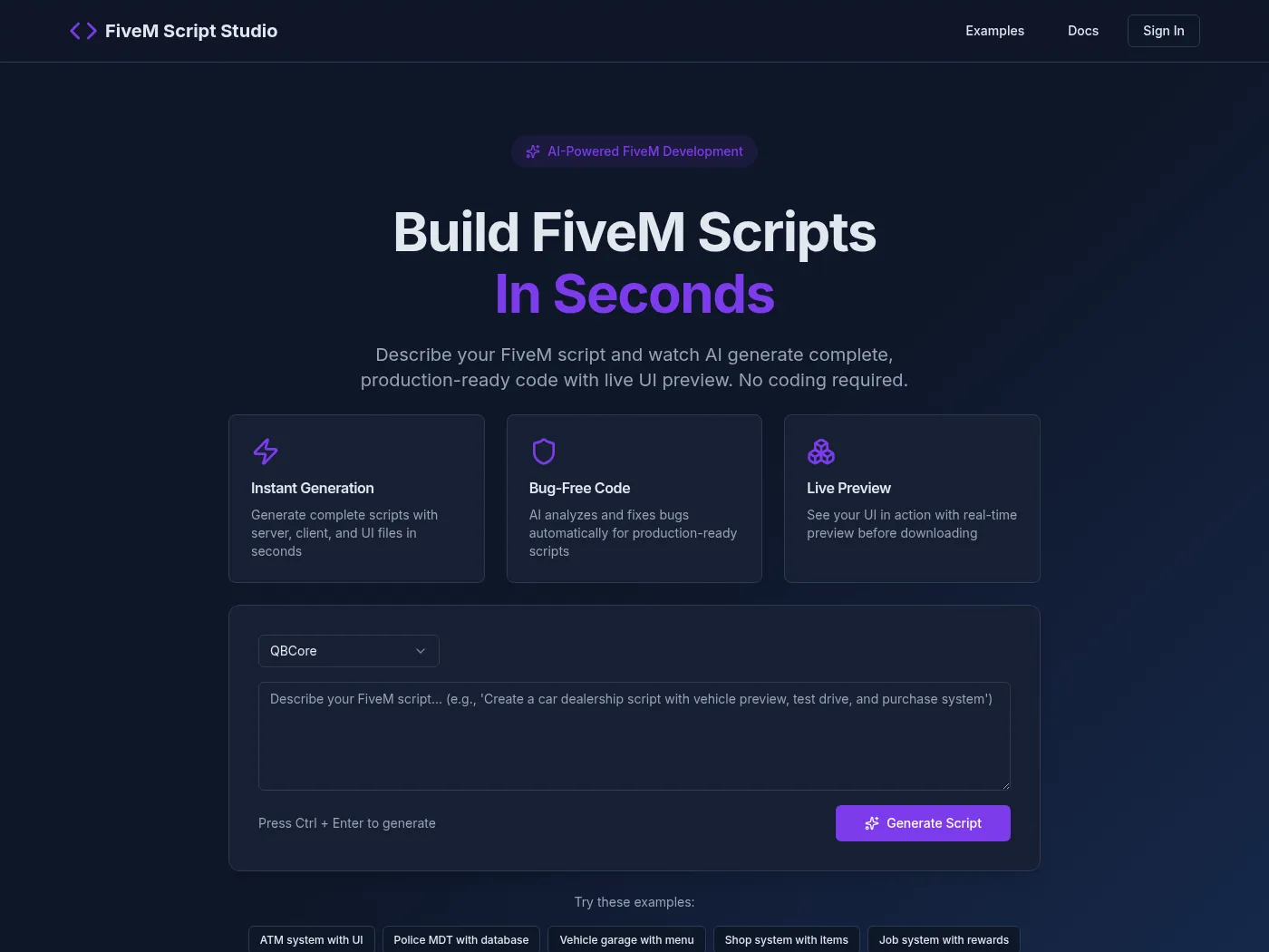 FiveM Script Studio – AI-Driven Script Generator Site with UI Preview
