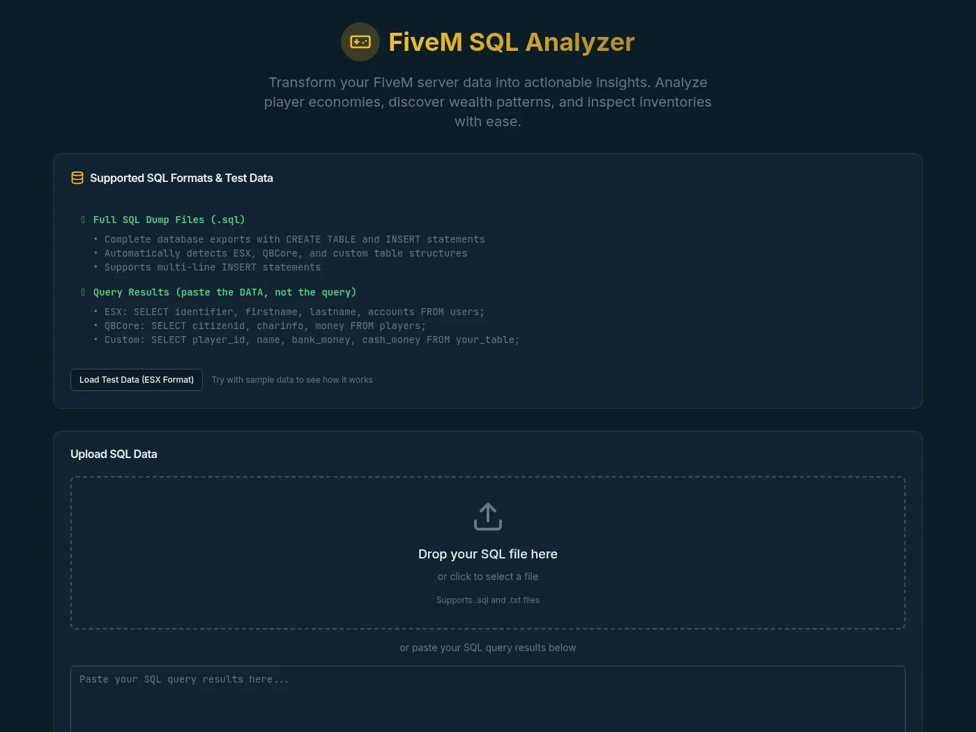 FiveM SQL Analyzer Dashboard for Server Owners