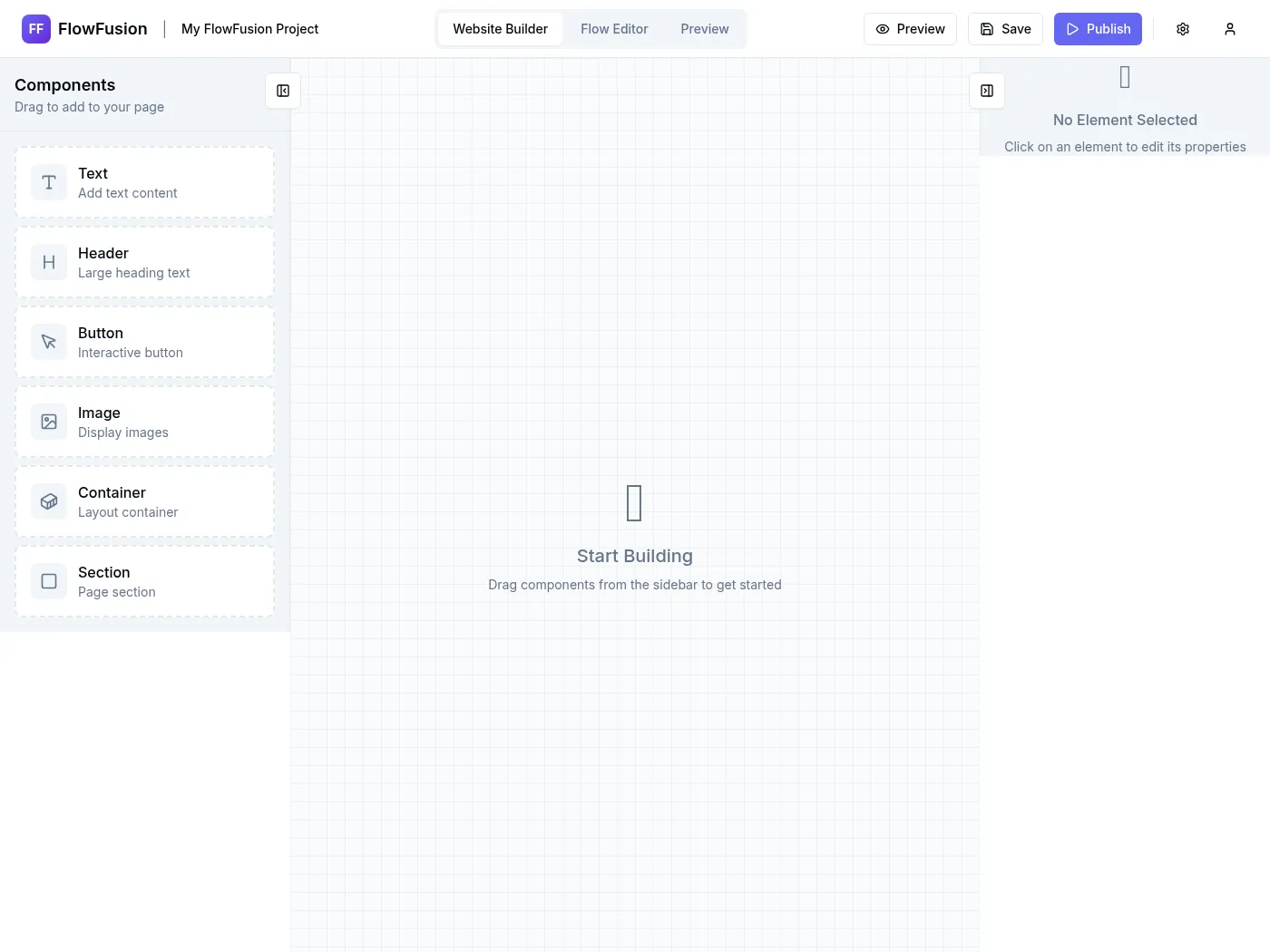 FlowFusion: Visual Website Builder with No-Code Logic and AI Agents