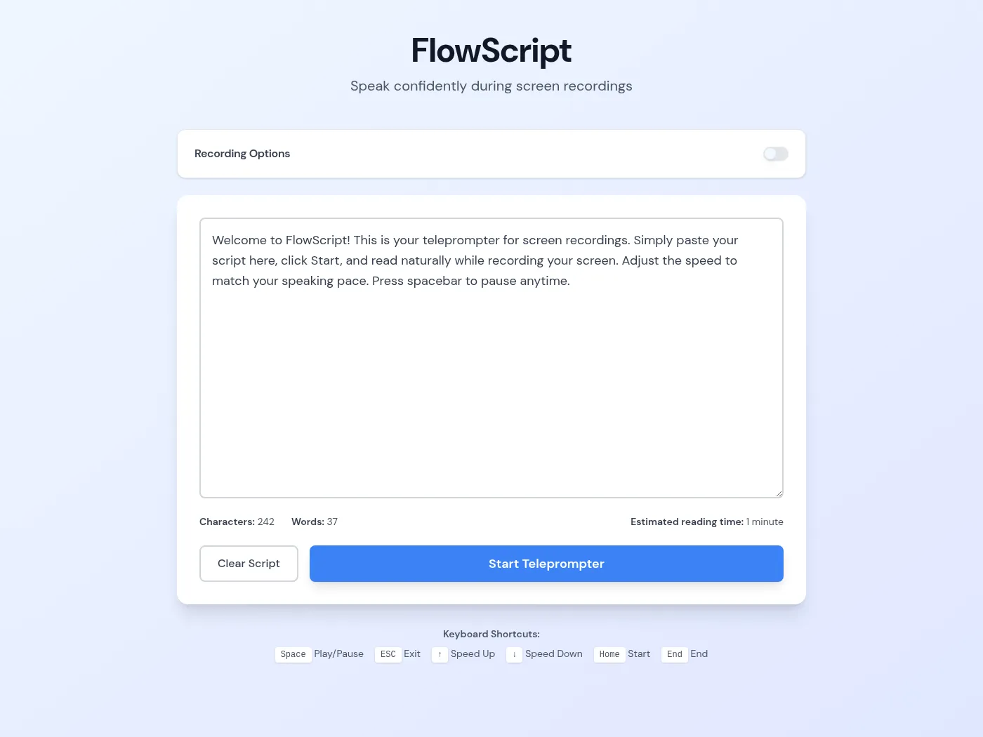 FlowScript Teleprompter: Web App for Effortless On-Screen Script Reading