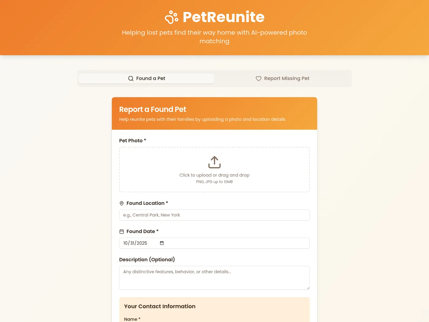 Found Pet Matcher & Reporting App