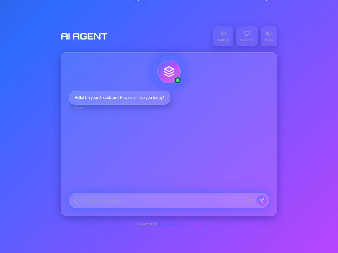 Futuristic AI Agent Interface with Glassmorphism and Animated Gradients