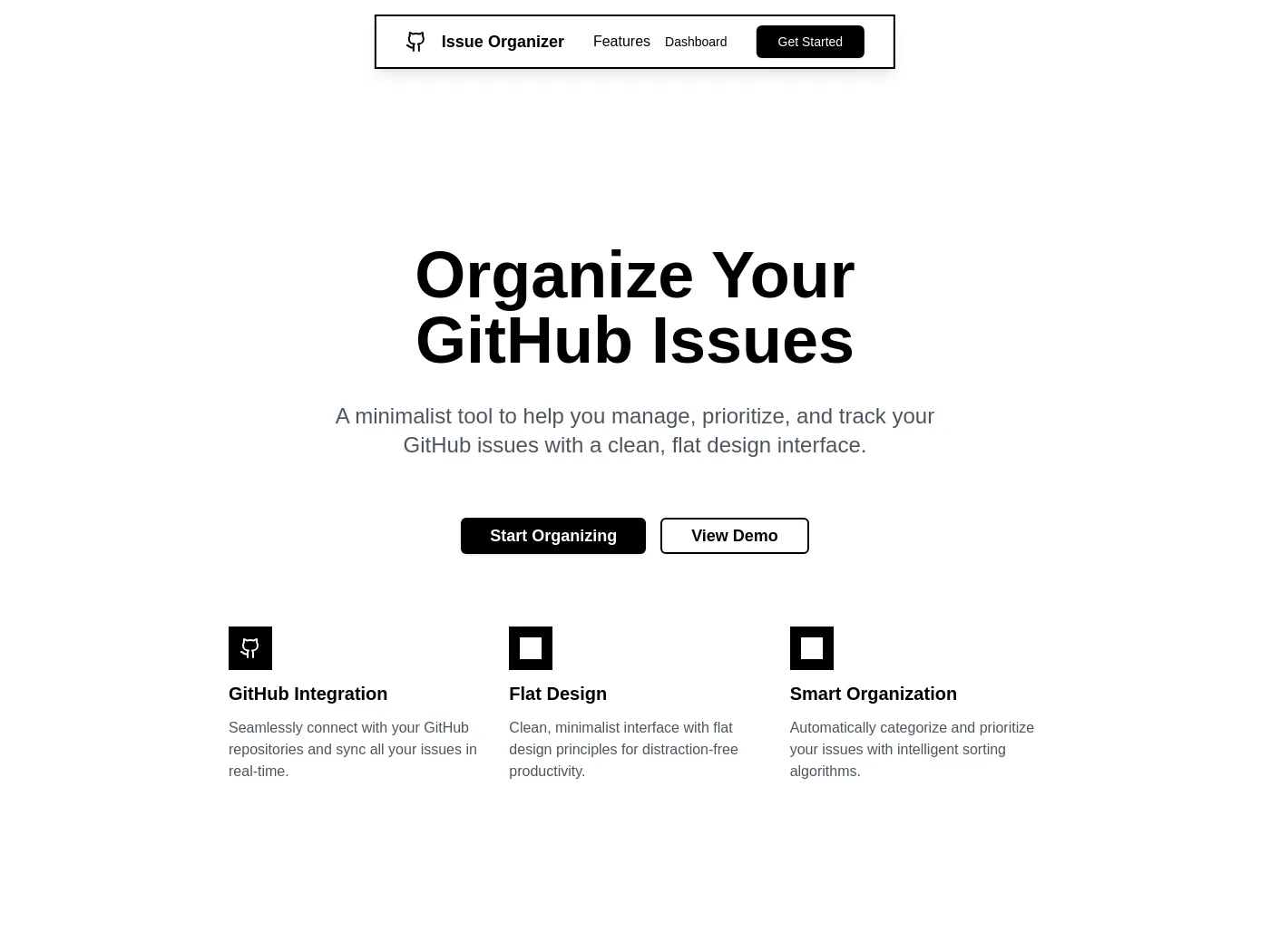 GitHub Issue Organizer Web App with Flat White & Black Design