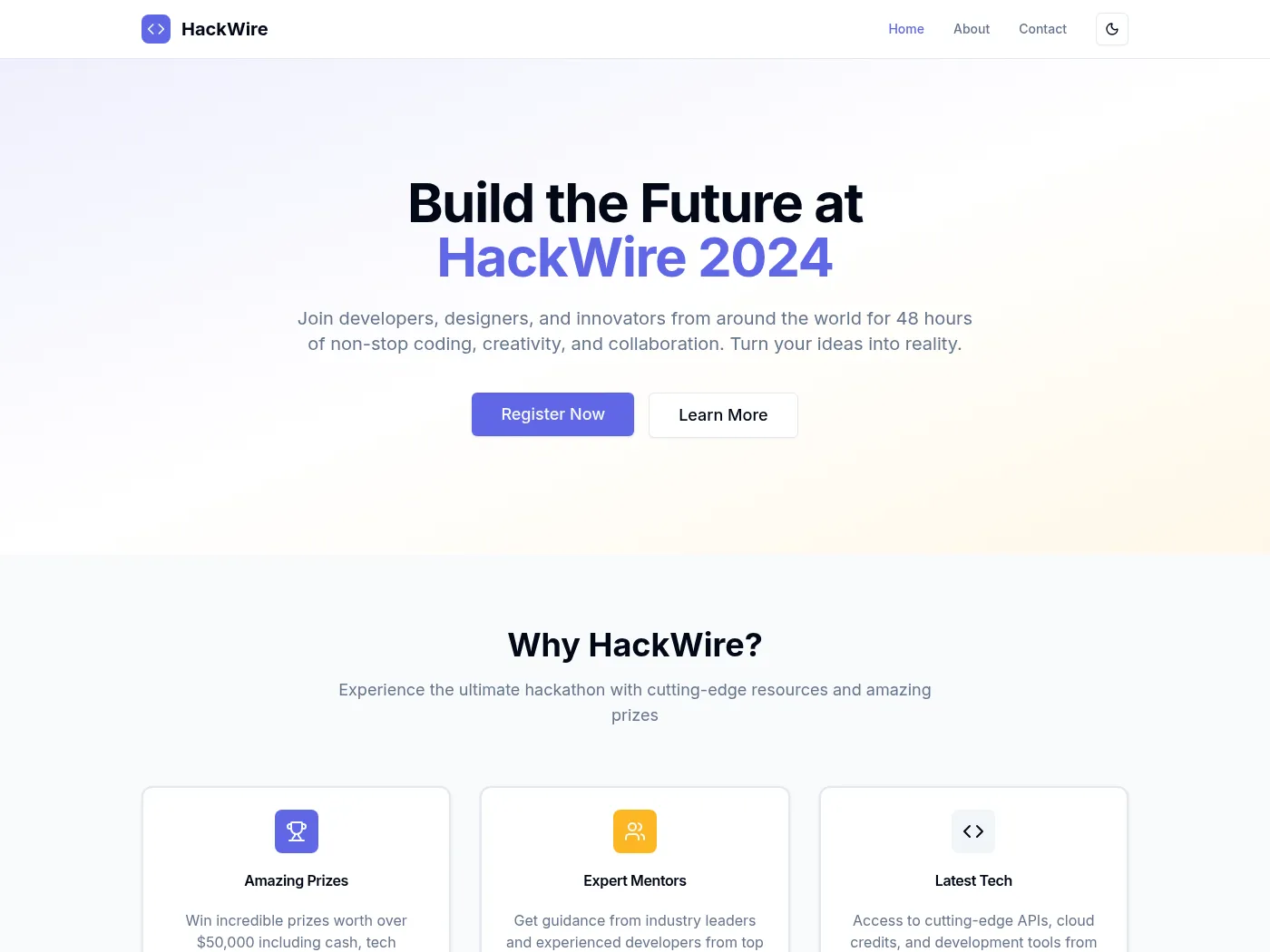 Hackathon Website Wireframe with Theme Toggle