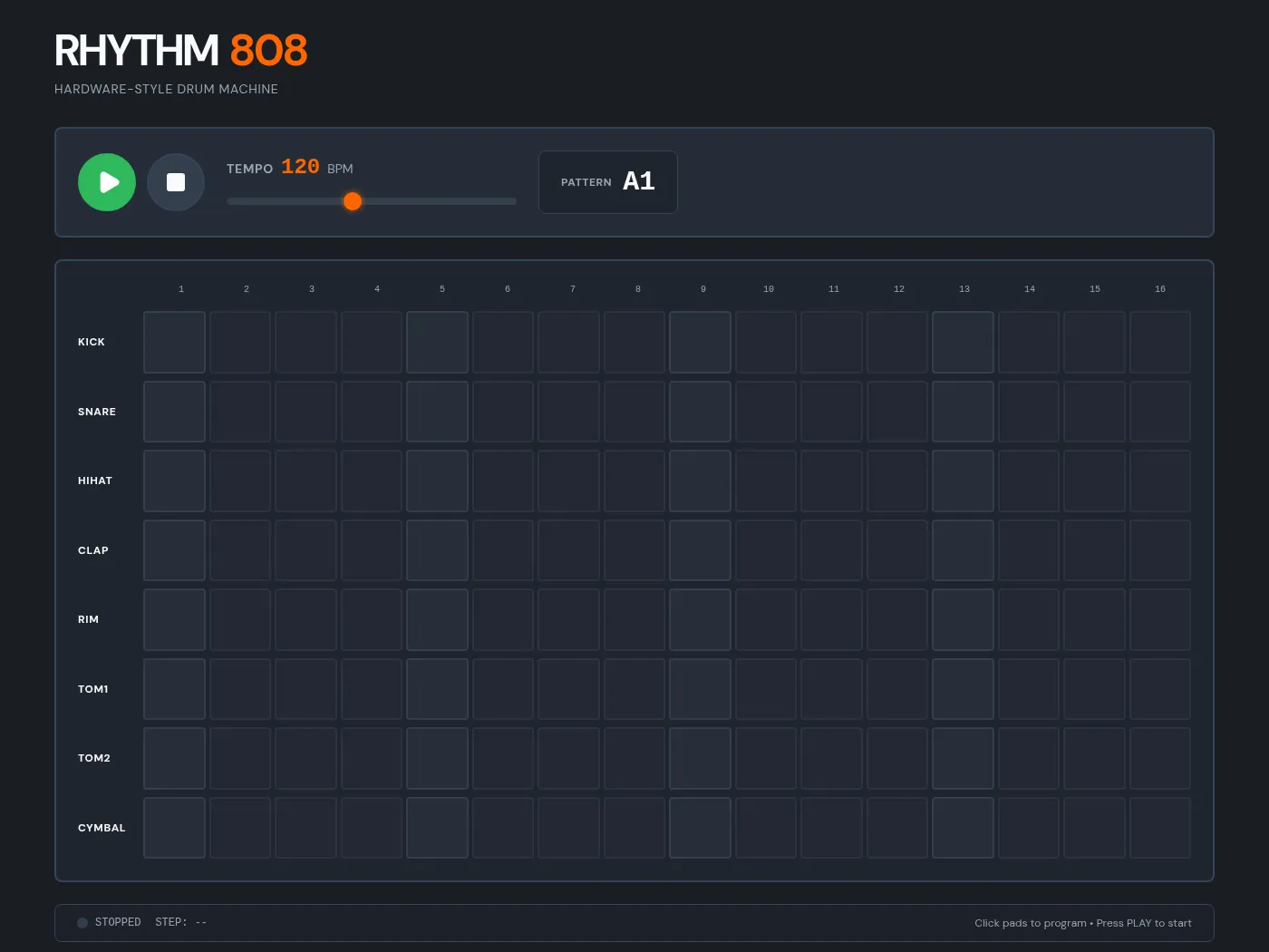 Hardware-Style Drum Machine Sequencer Web App
