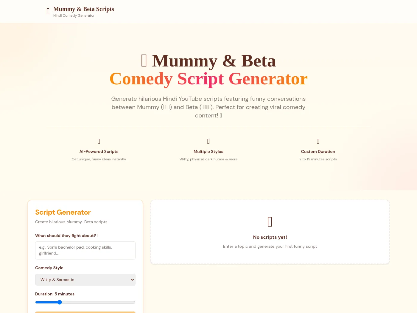 Hindi Comedy YouTube Script Generator for Mummy and Beta