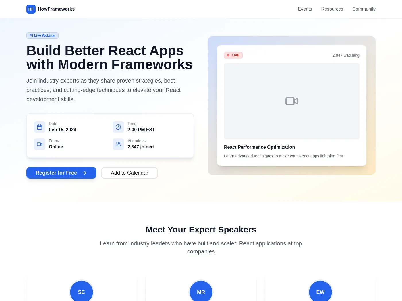 HowFrameworks Webinar Event Page Redesign