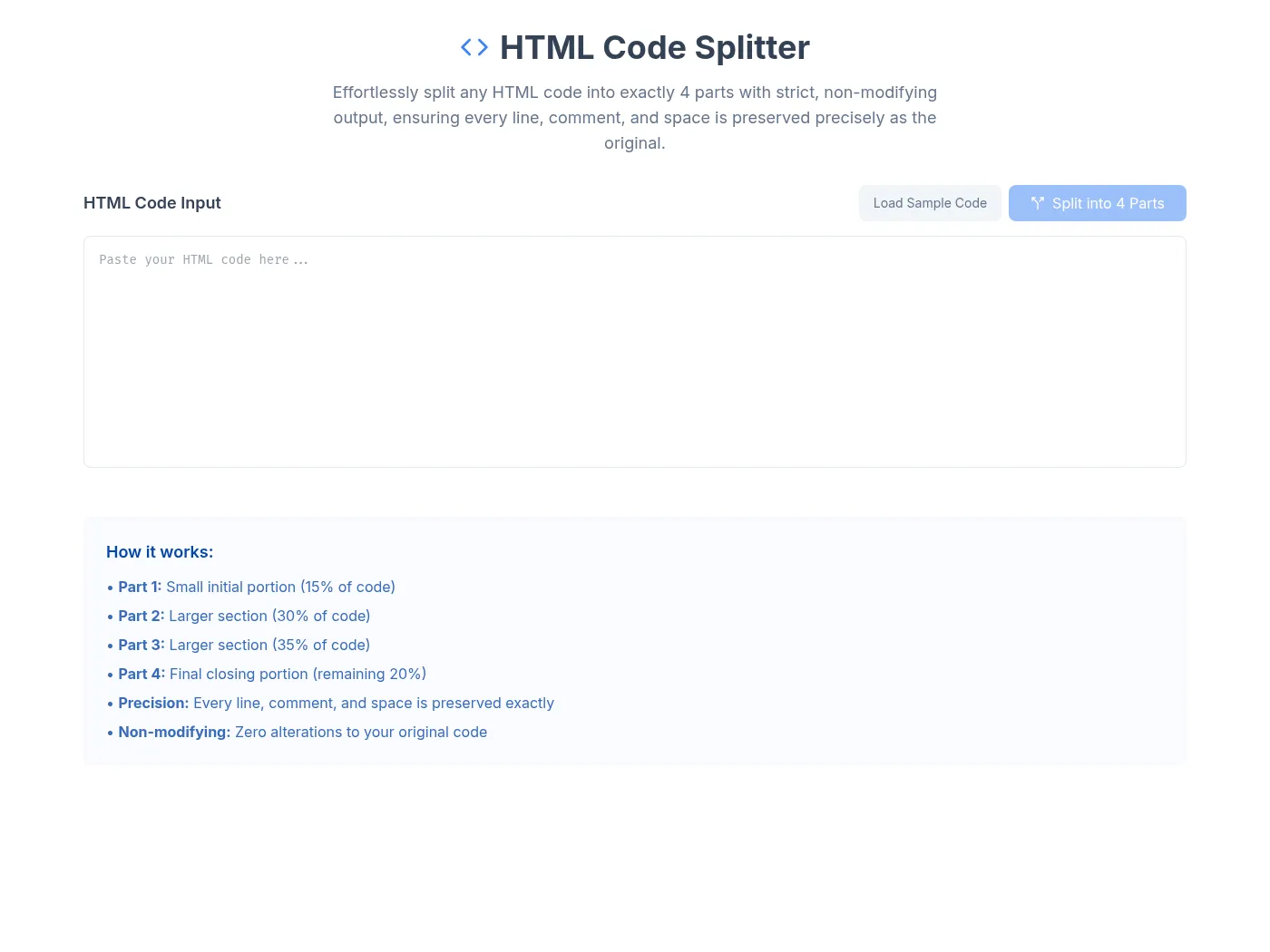 HTML Code Splitter - Exact Non-Modifying Part Generator