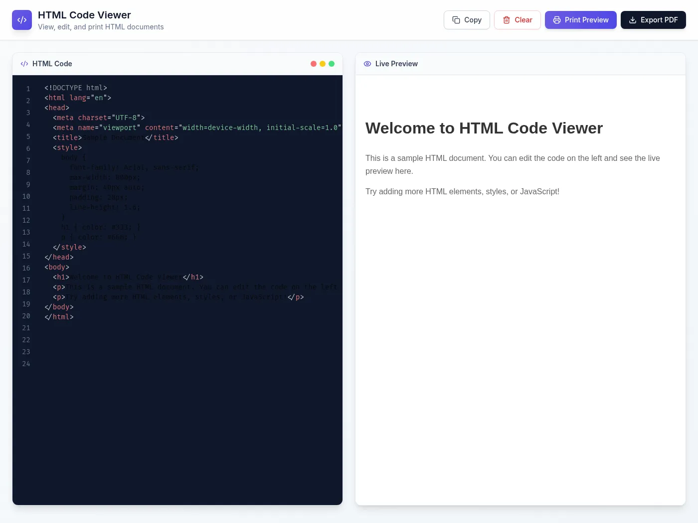 HTML Code Viewer and Printer Web App