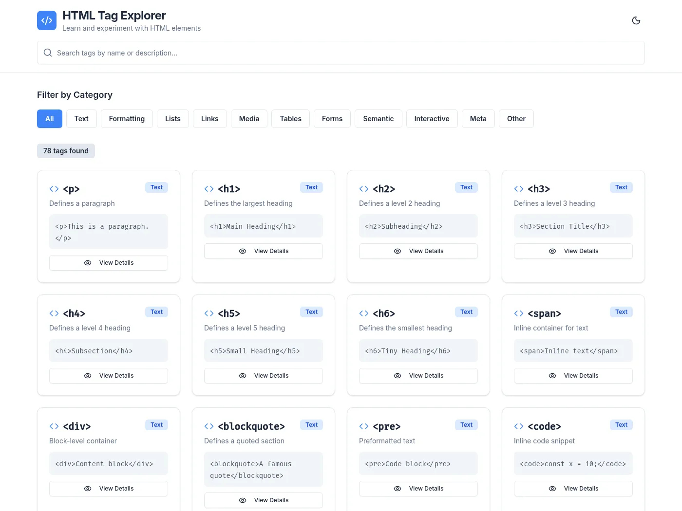 HTML Tag Explorer Website