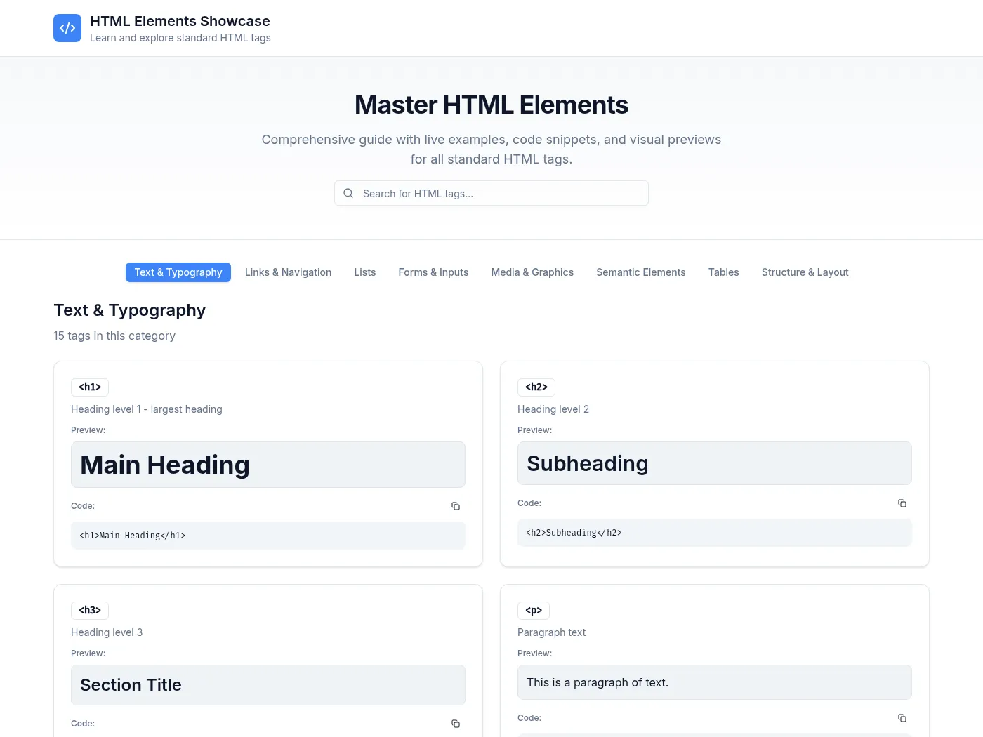 HTML Elements Showcase Website