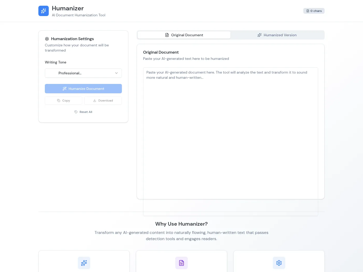 Humanizer: AI Document Humanization Tool · Built with Blink