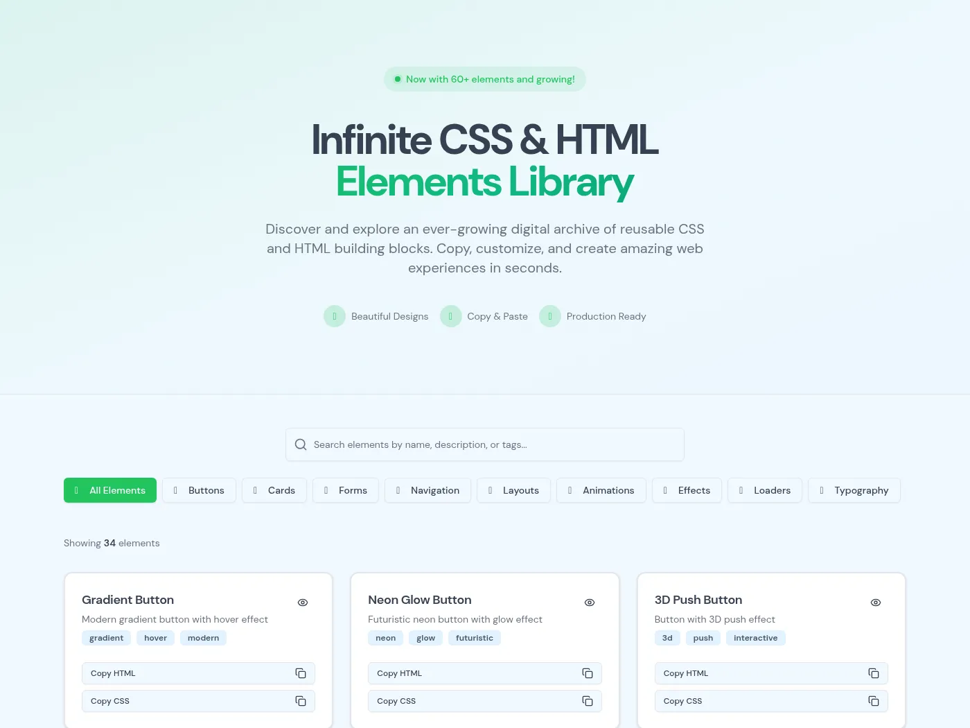 Infinite CSS & HTML Elements Library