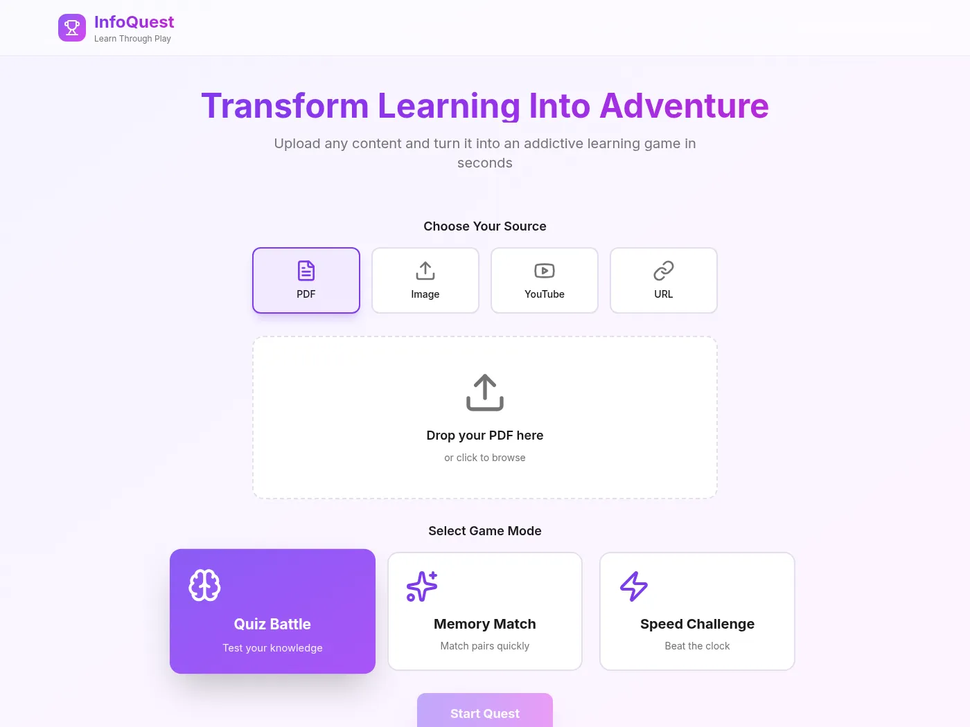 InfoQuest: Interactive Learning Game from Any Source