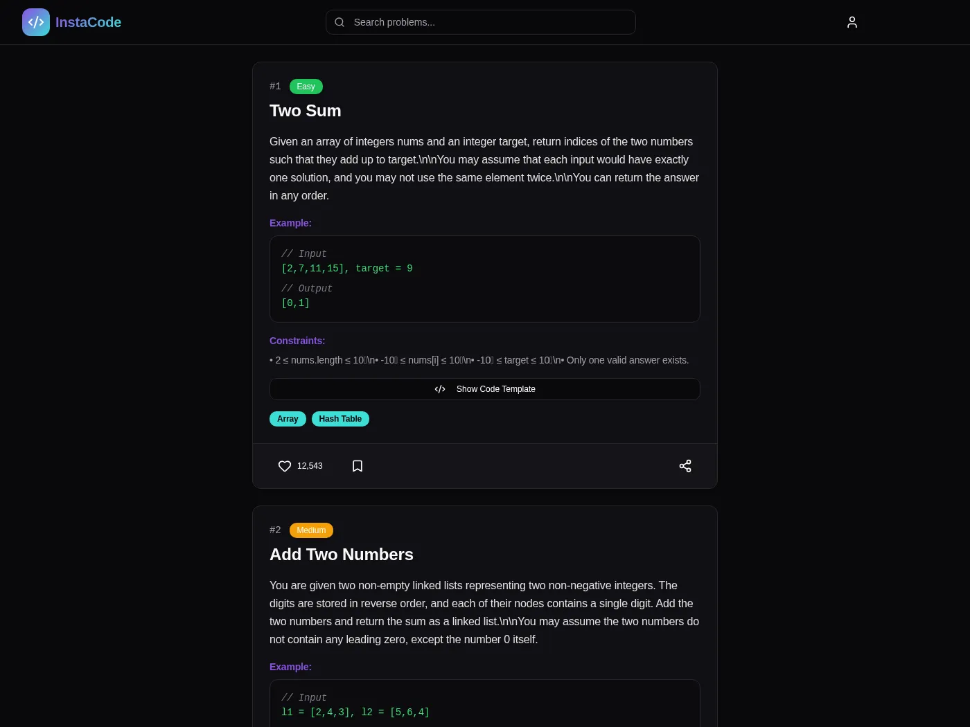 InstaCode: Scrollable LeetCode Questions Social Platform