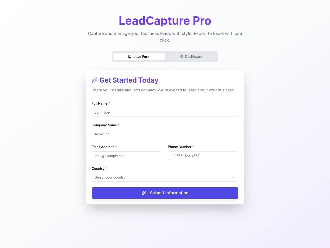 Interactive Web Lead Capture Form with Excel Export