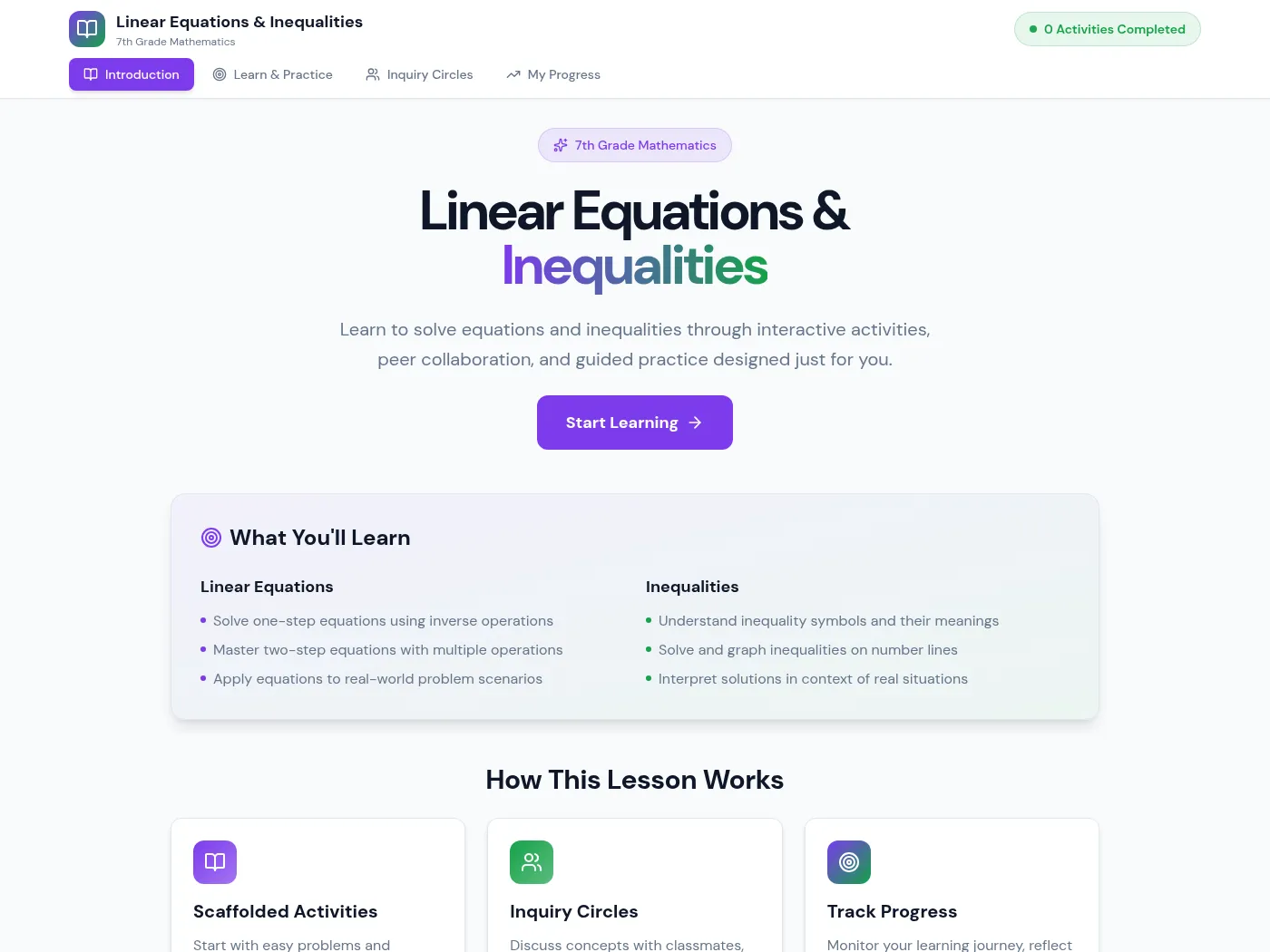 Interactive Linear Equations and Inequalities Lesson for Seventh Grade