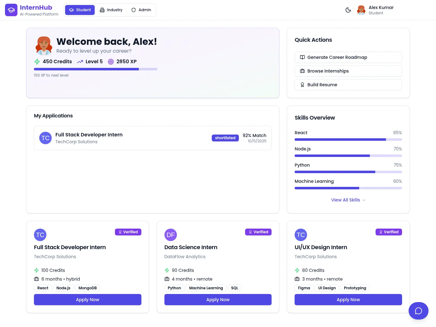 Full-Stack AI Internship Management Platform Prototype
