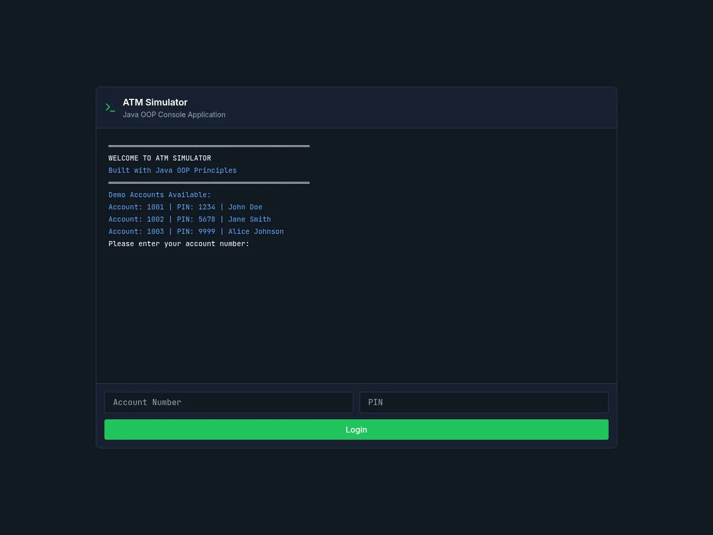 Console-Based ATM Simulator in Java with OOP Principles