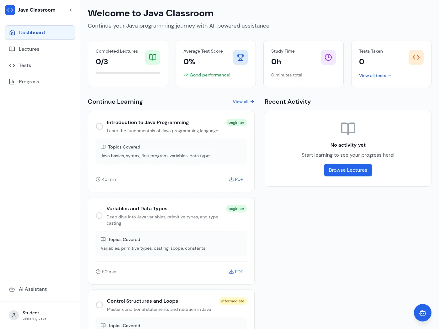 Java Virtual Classroom Platform with AI Doubt Solving