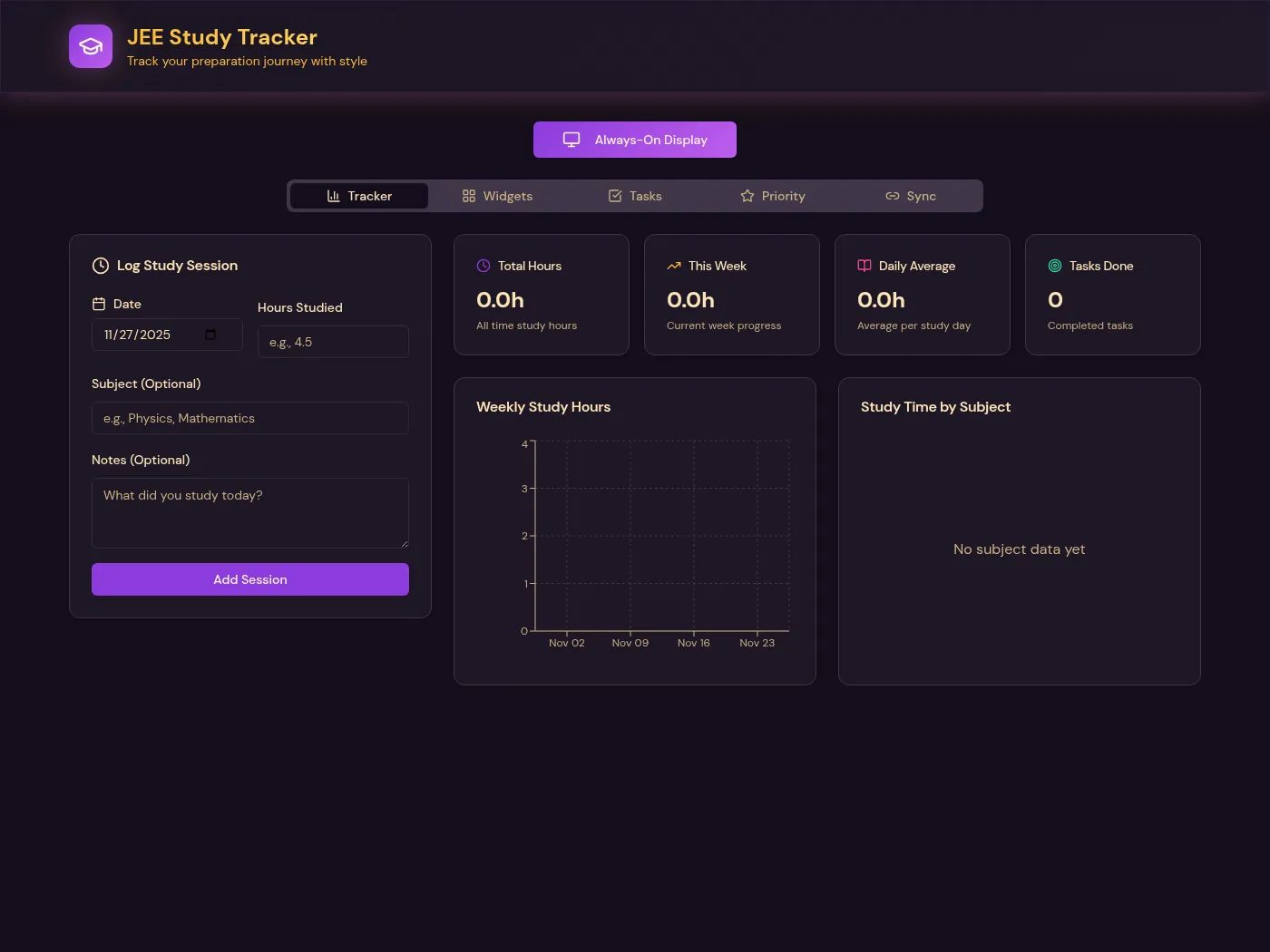 JEE Study Hours & Task Tracker