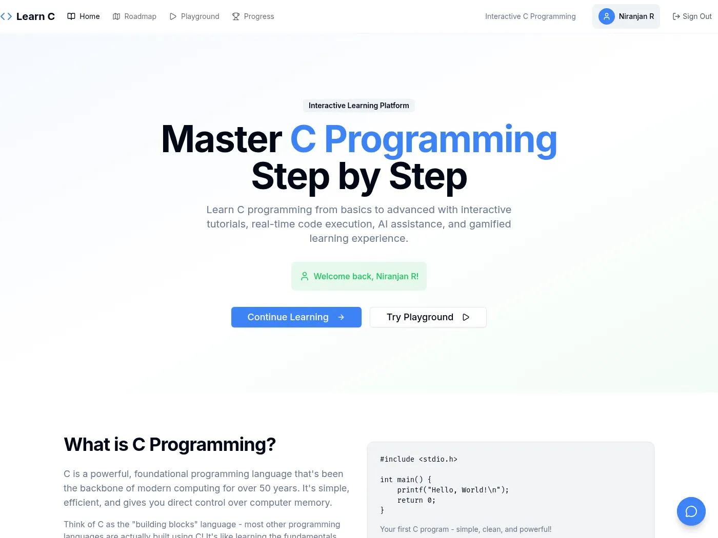 Learn C: Interactive C Programming Website with AI Support