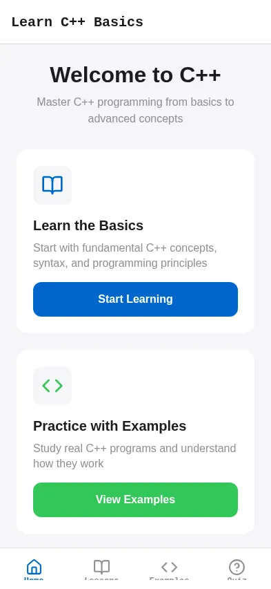 Learn C++ Basics: Beginner-Friendly Mobile App