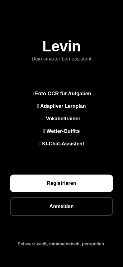 Levin: Smarter Lernassistent – Minimalistische, mobile-first App für Lernen, Planung, Wetter-Outfit, News & Chat, voll personalisiert