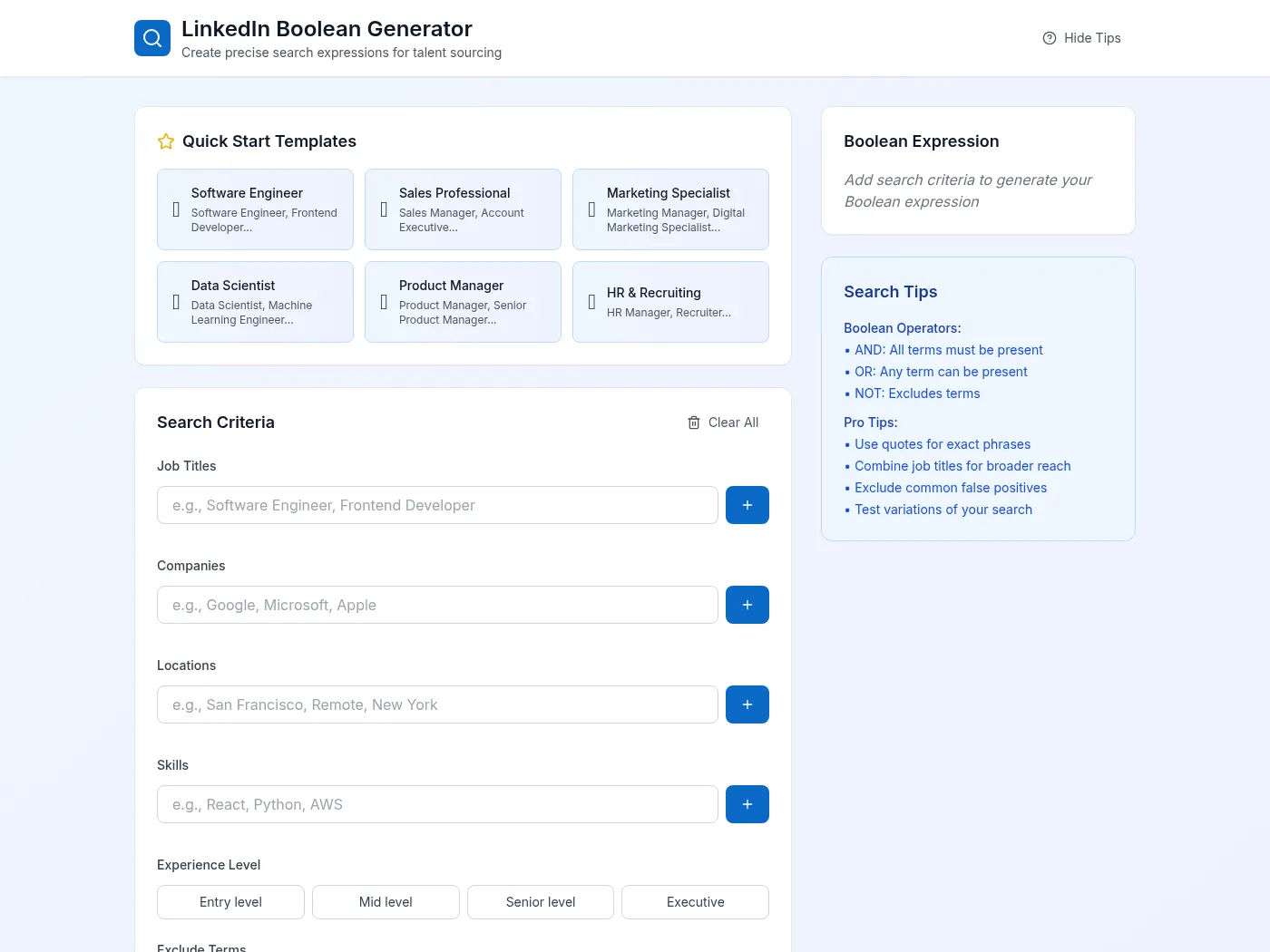 Boolean Expression Generator for LinkedIn Searches